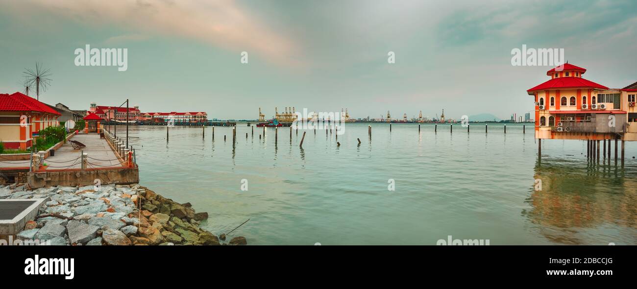 Georgetown coastline at sunset time, Penang, Malaysia. Panorama Stock ...
