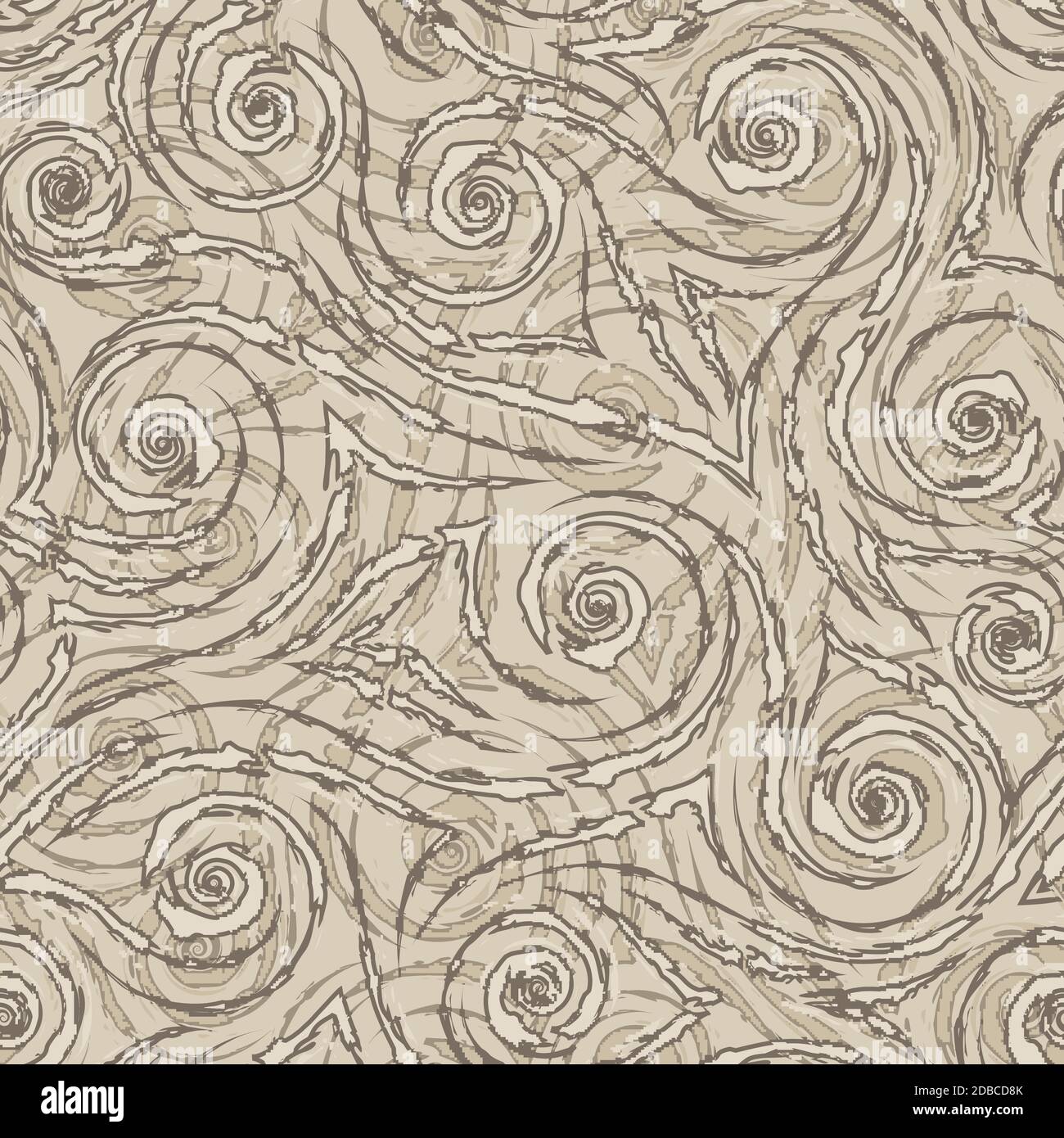 Beige smooth lines corners and spirals with torn edges on a brown background vector seamless ...