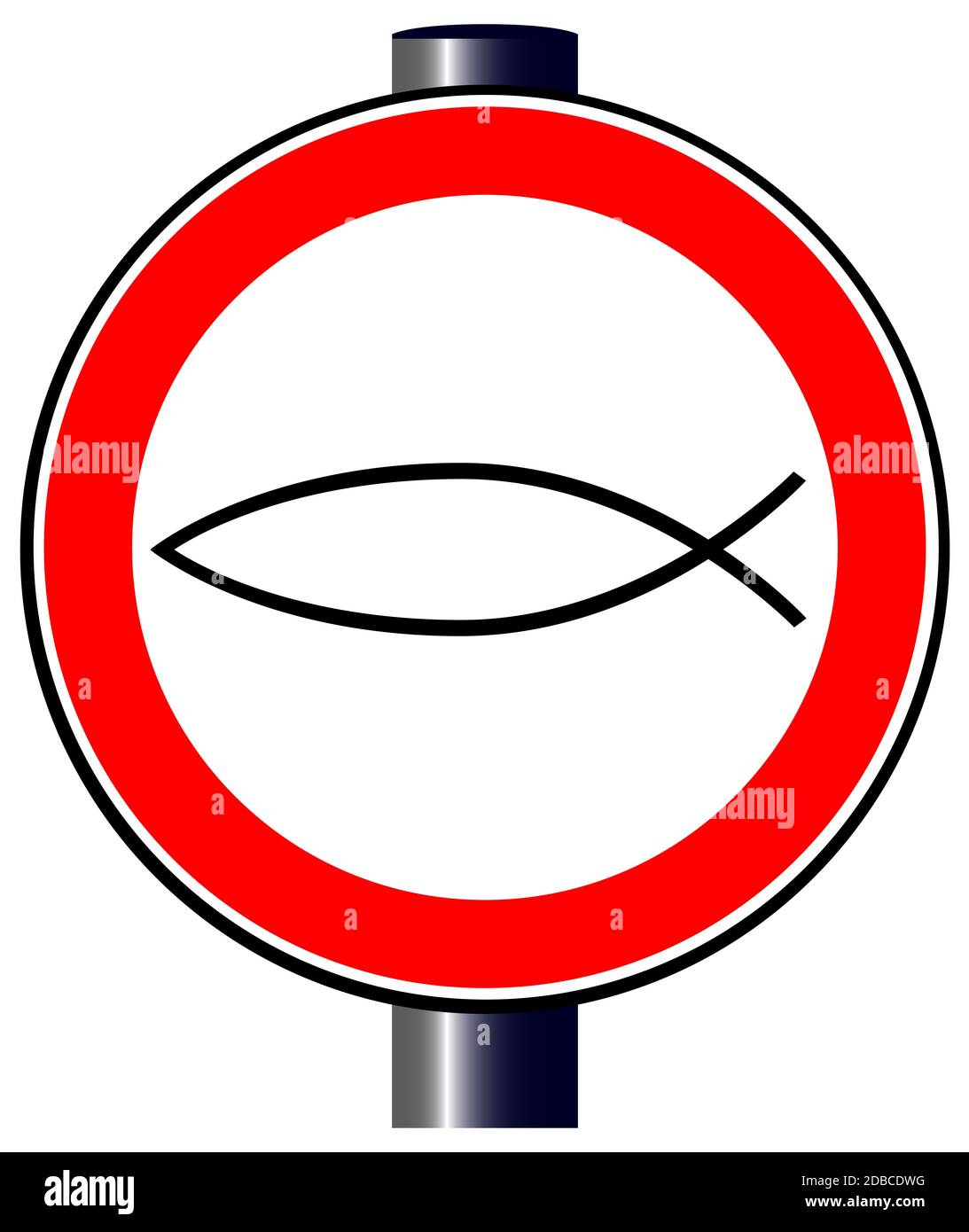 A large round red traffic sign displaying a 'Christian Fish' logo Stock ...