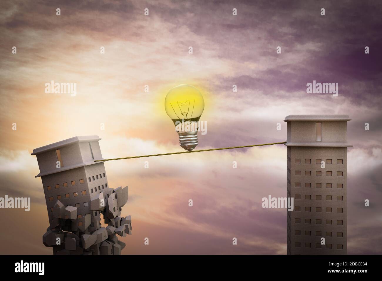 Light bulb on a rope with one skyscraper ready to collapse. Idea crash ...