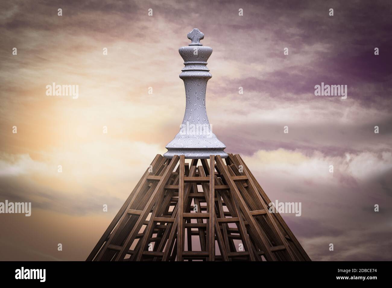 Chess King on top of many ladders together as pyramid. Leader on top ...