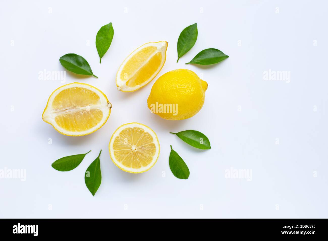 lemon and slices with leaves isolated on white background Stock Photo ...