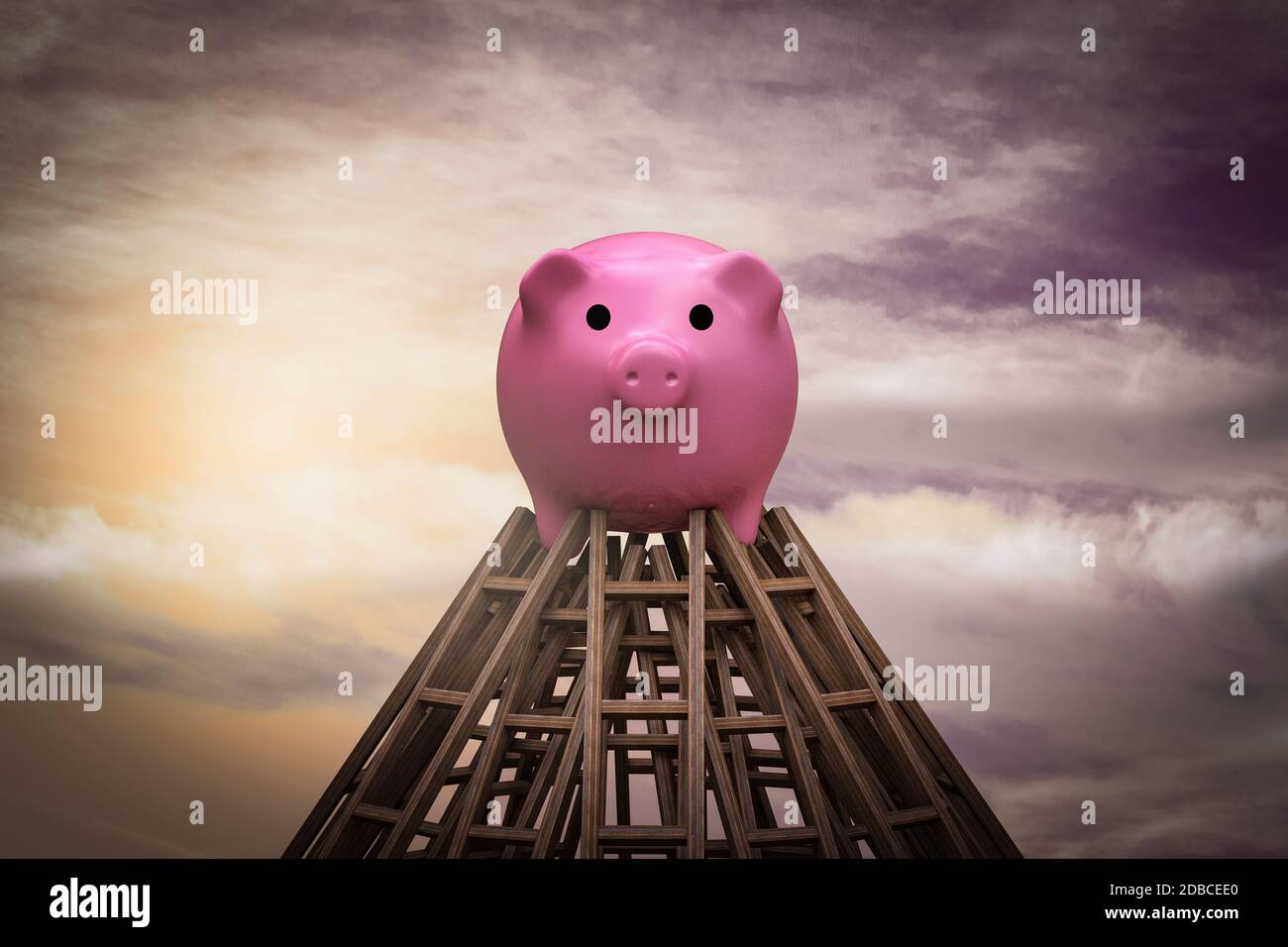 Piggy bank on top of many ladders together as pyramid. Money saving on ...