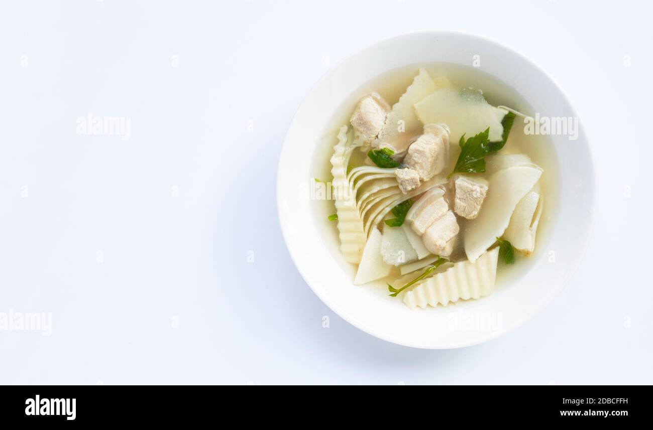 Bamboo shoots with pork soup on white background Stock Photo - Alamy
