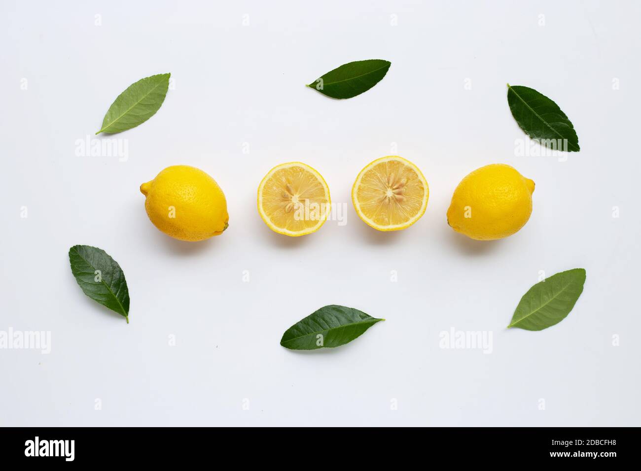 lemon and slices with leaves isolated on white background Stock Photo ...