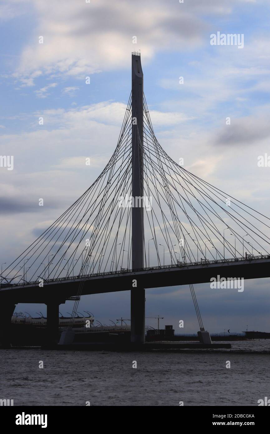Massive cable-stayed bridge side construction. Clouds in the sky Stock ...