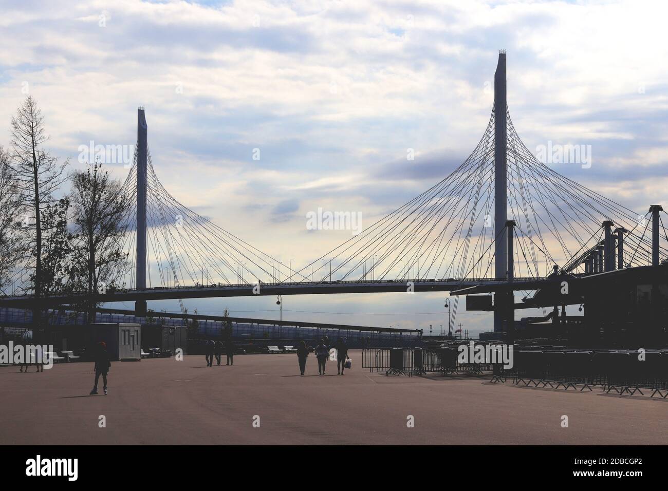 Zsd road bridge above Neva river. Pedestrian zone near Saint-Petersburg ...
