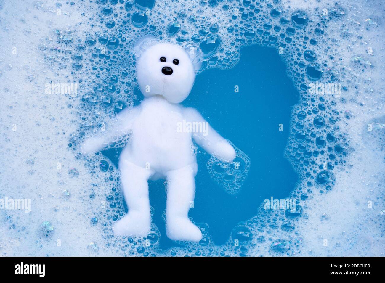 Soaking bear toy in laundry detergent water dissolution before washing ...