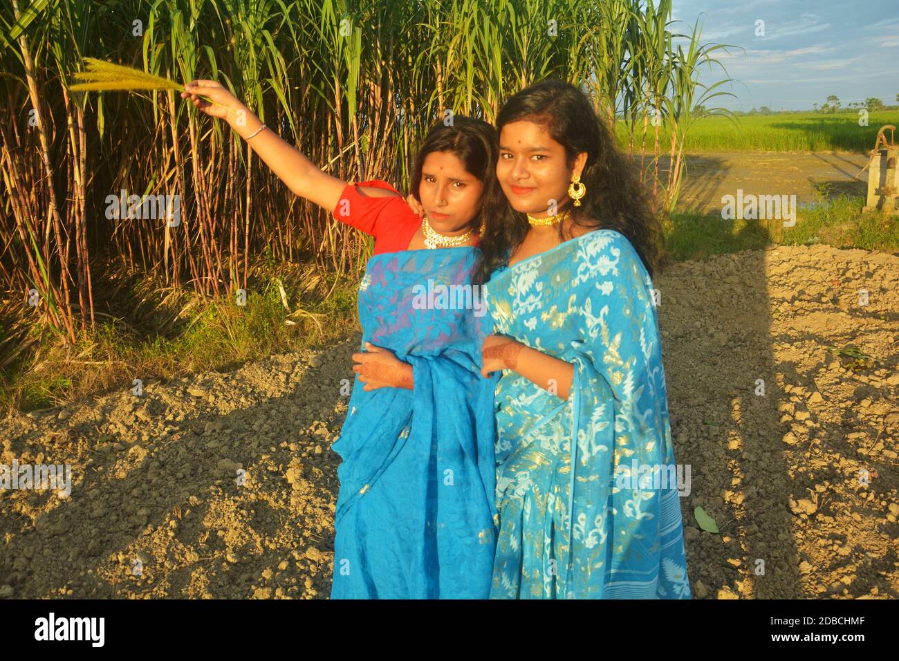 Close up of two Indian Bengali girls wearing blue sari and golden ...