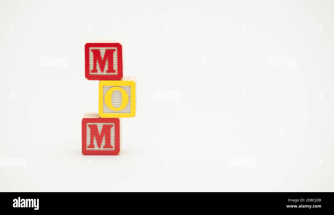 The word mom spelled in colorful toy blocks of assorted colors Stock ...