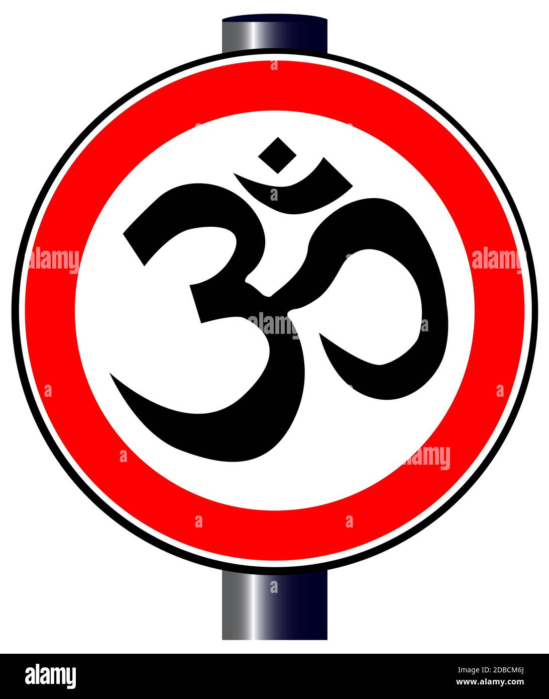 A large round red traffic sign displaying the 'OM' logo Stock Photo - Alamy