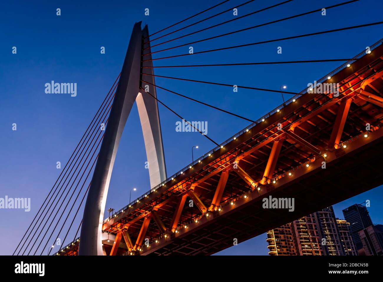 Low angle shot of an illuminated Twin River cable stayed bridge in ...