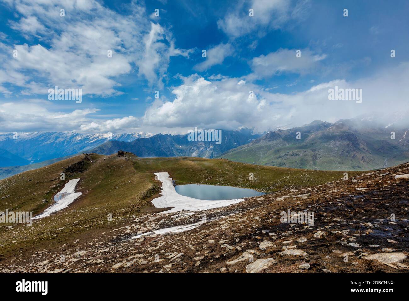 Scenic Indian Himalayan landscape scenery in Himalayas with small lake ...