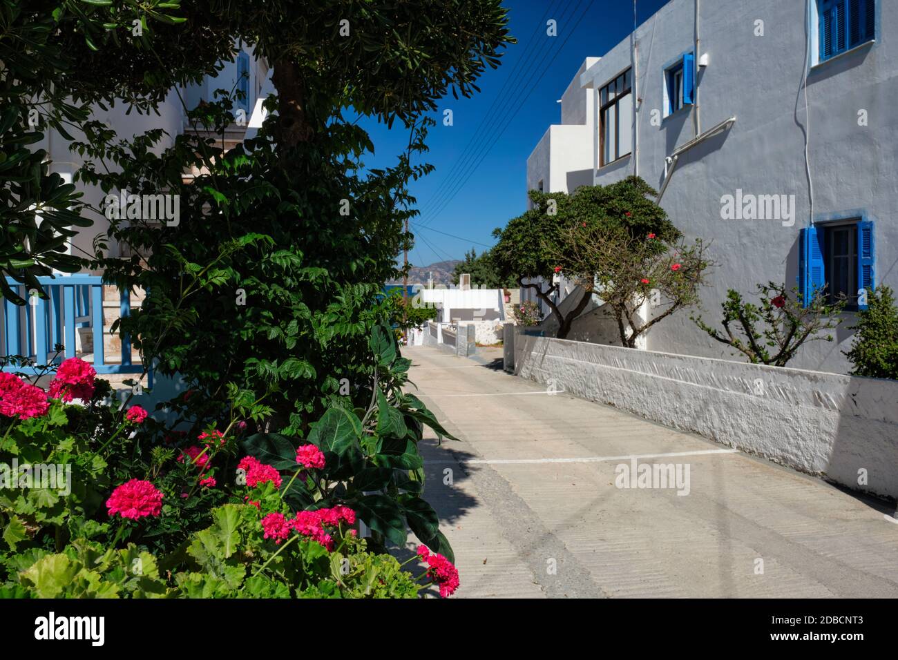 Street in Greek town with flowers. Pollonia village, Milos island ...