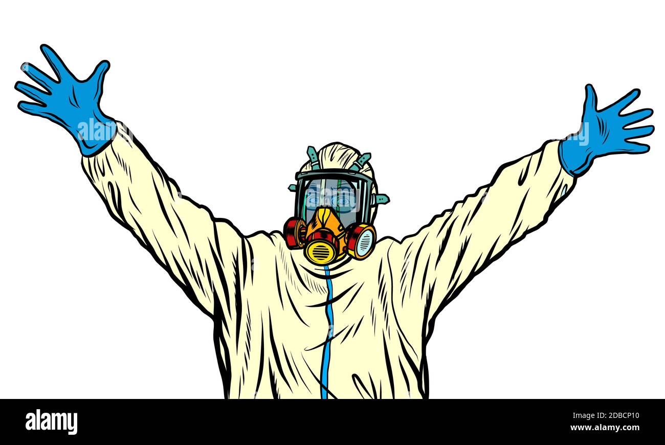 Medic quarantine stop protection suit. Pop art retro vector ...