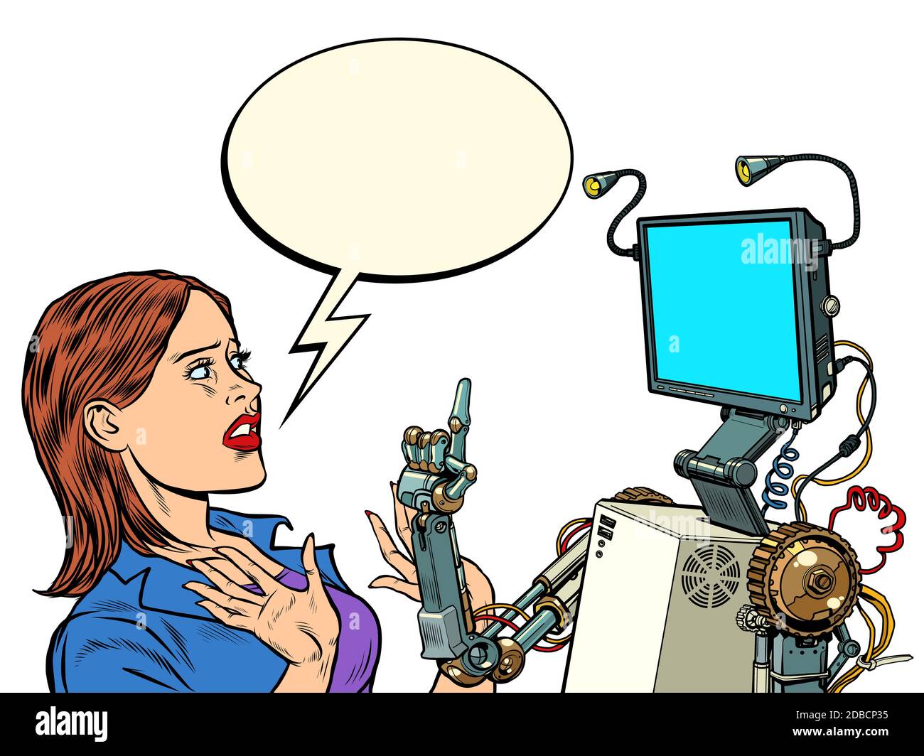 woman and robot. New technologies. Pop art retro vector illustration ...