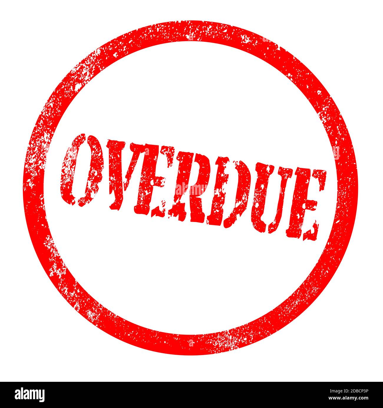 An overdue red rubber ink stamp impression isolated over a white ...