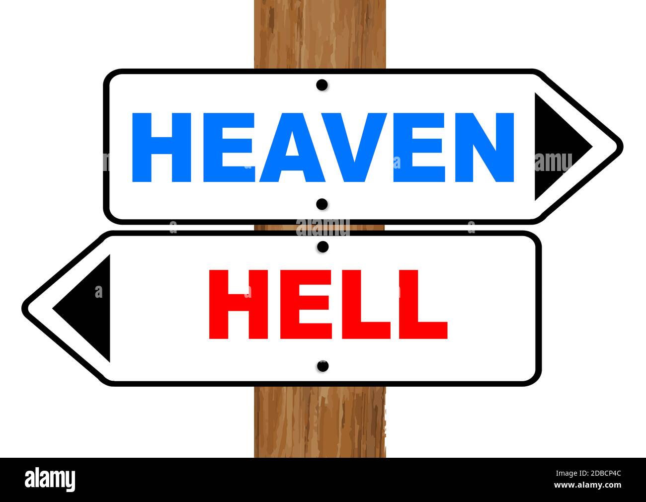 Heaven and Hell signs with red and blue text fixed to a wooden pole ...