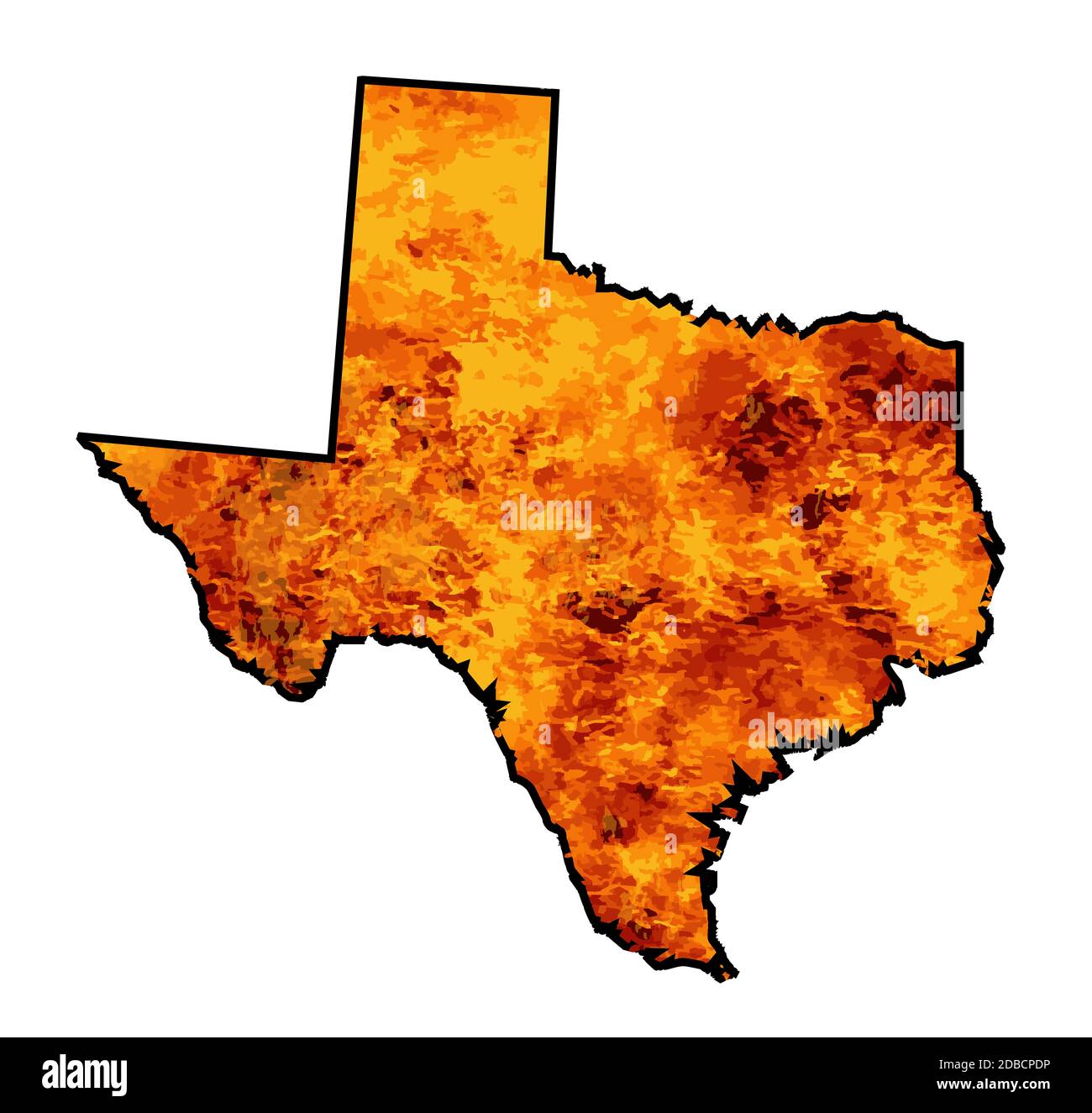 Silhouette map of Texas over a white background with flames inset into ...