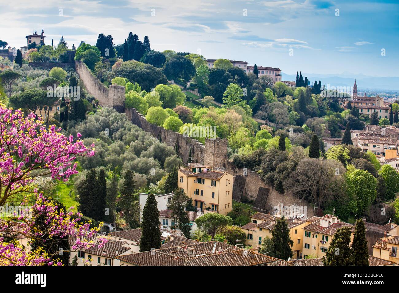 Antique walls of Florence city seen from Michelangelo Square in an ...