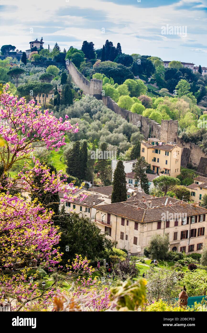 Antique walls of Florence city seen from Michelangelo Square in an ...
