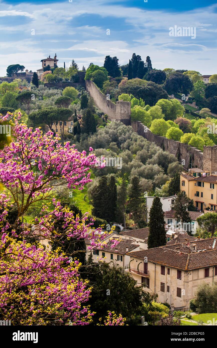Antique walls of Florence city seen from Michelangelo Square in an ...
