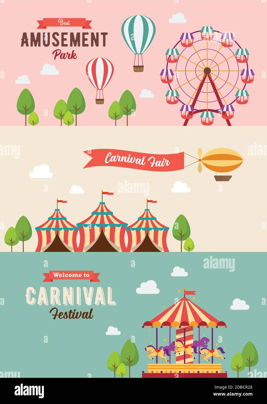 Collection of Carnival theme banners. Vector illustration. Flat style ...
