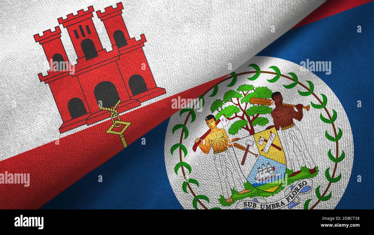 Gibraltar and Belize two flags textile cloth, fabric texture Stock ...