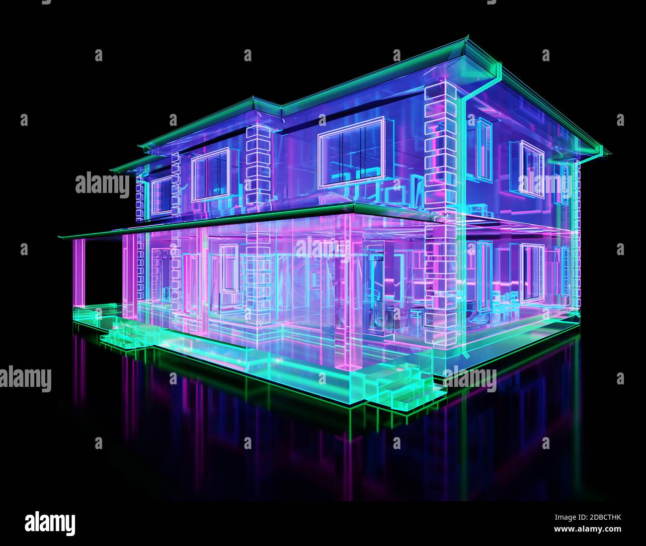Abstract glass two-story building with neon lighting Stock Photo - Alamy