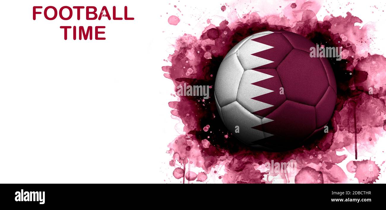 Soccer ball with flag of Qatar, close up, watercolor effect on white ...