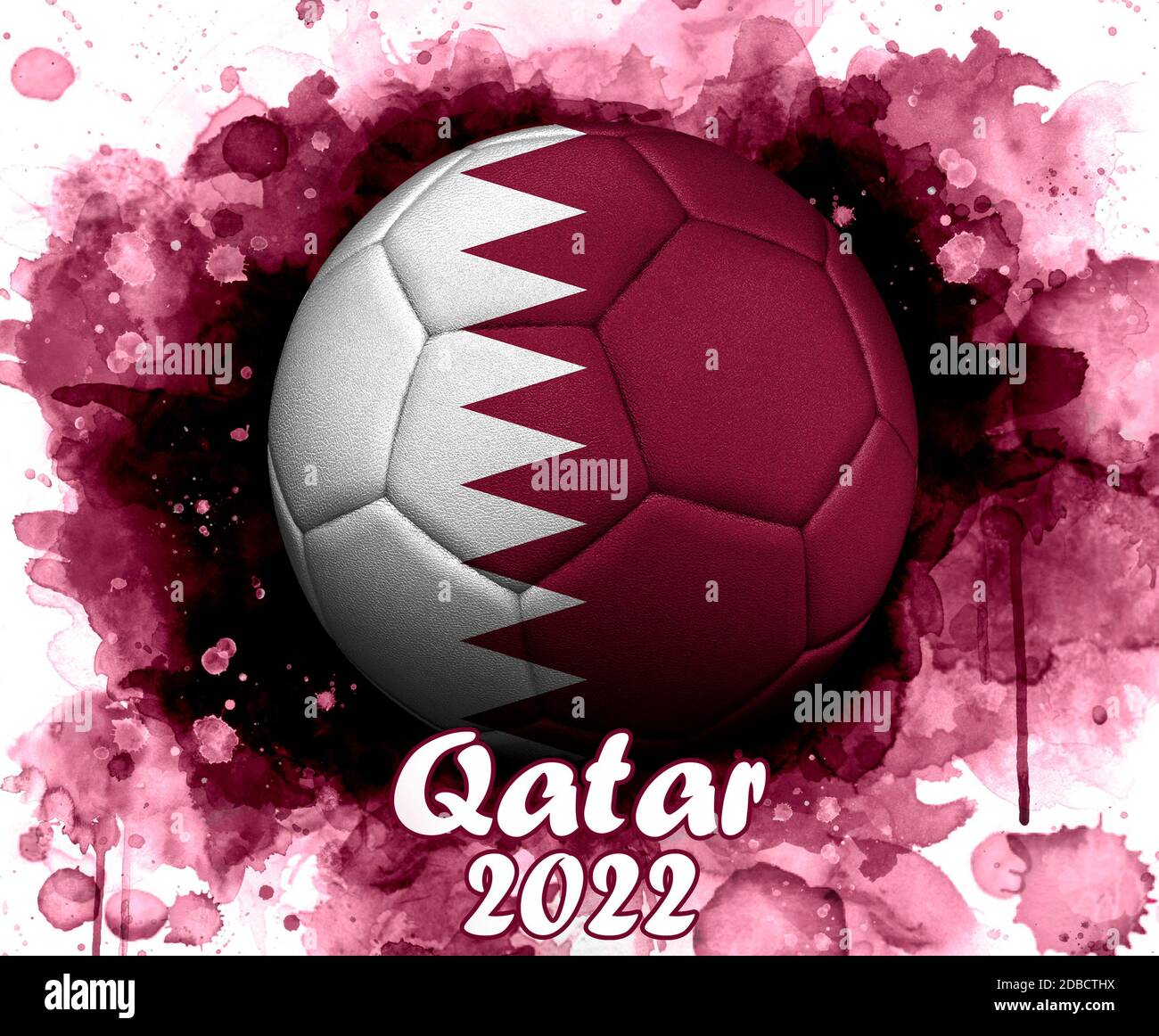 Soccer ball with flag of Qatar, close up, watercolor effect on white ...