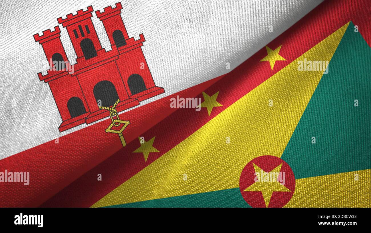 Gibraltar and Grenada two flags textile cloth, fabric texture Stock ...