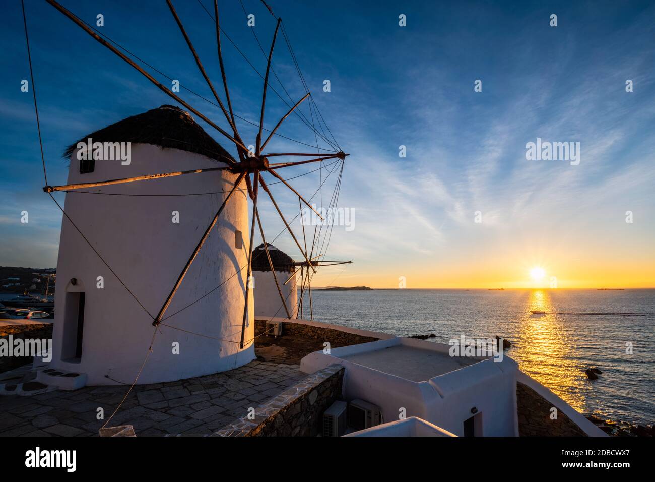 Scenic view of famous Mykonos town windmills. Traditional greek ...