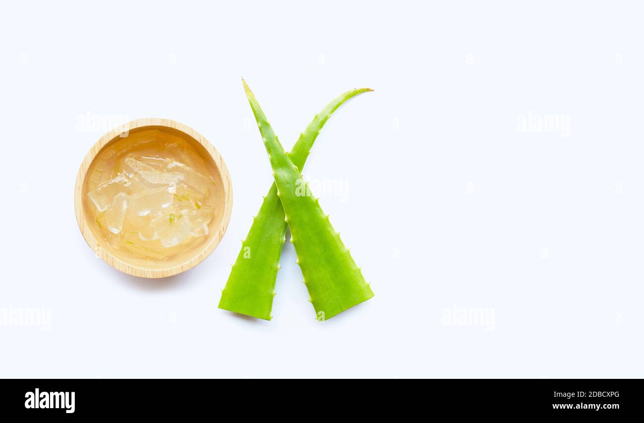 Cut Aloe Vera leaves with gel on white background. Copy space Stock ...