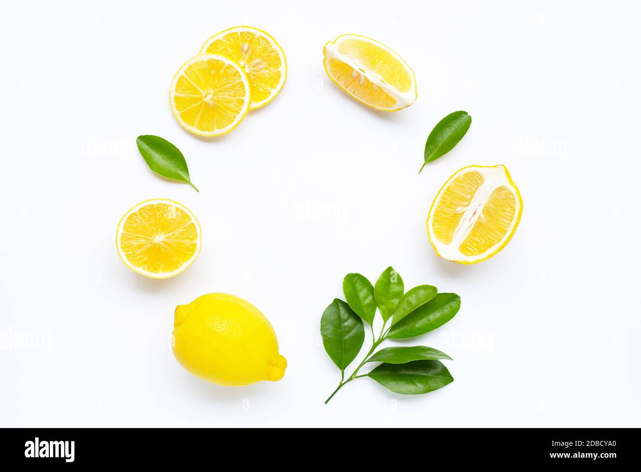 lemon and slices with leaves isolated on white background Stock Photo ...