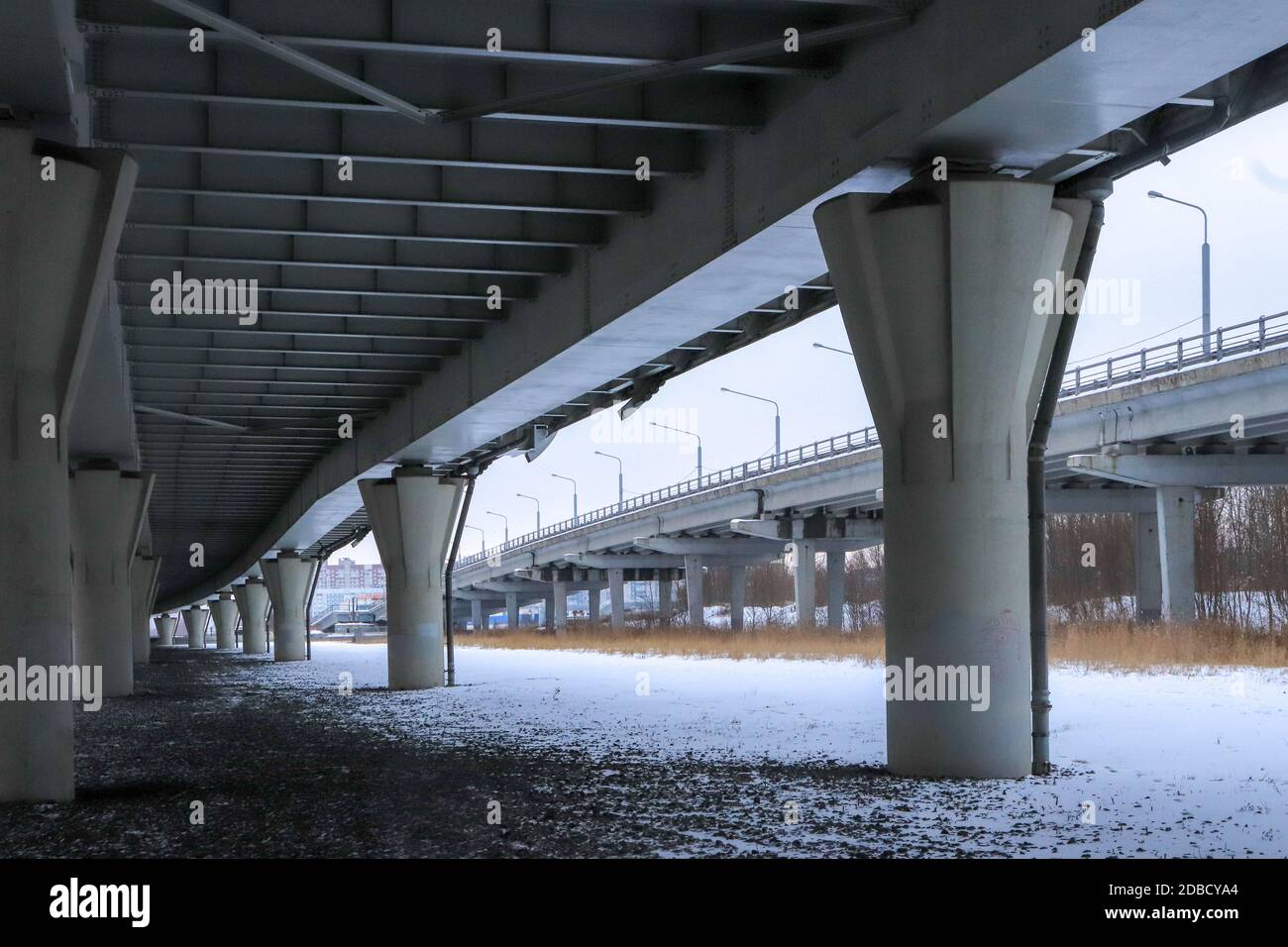 Under bridge massive concrete construction. Perspective view. Cold ...
