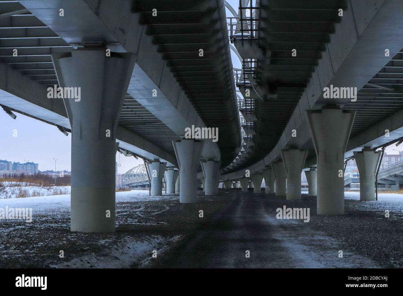 Under bridge massive concrete construction. Perspective view. Cold ...