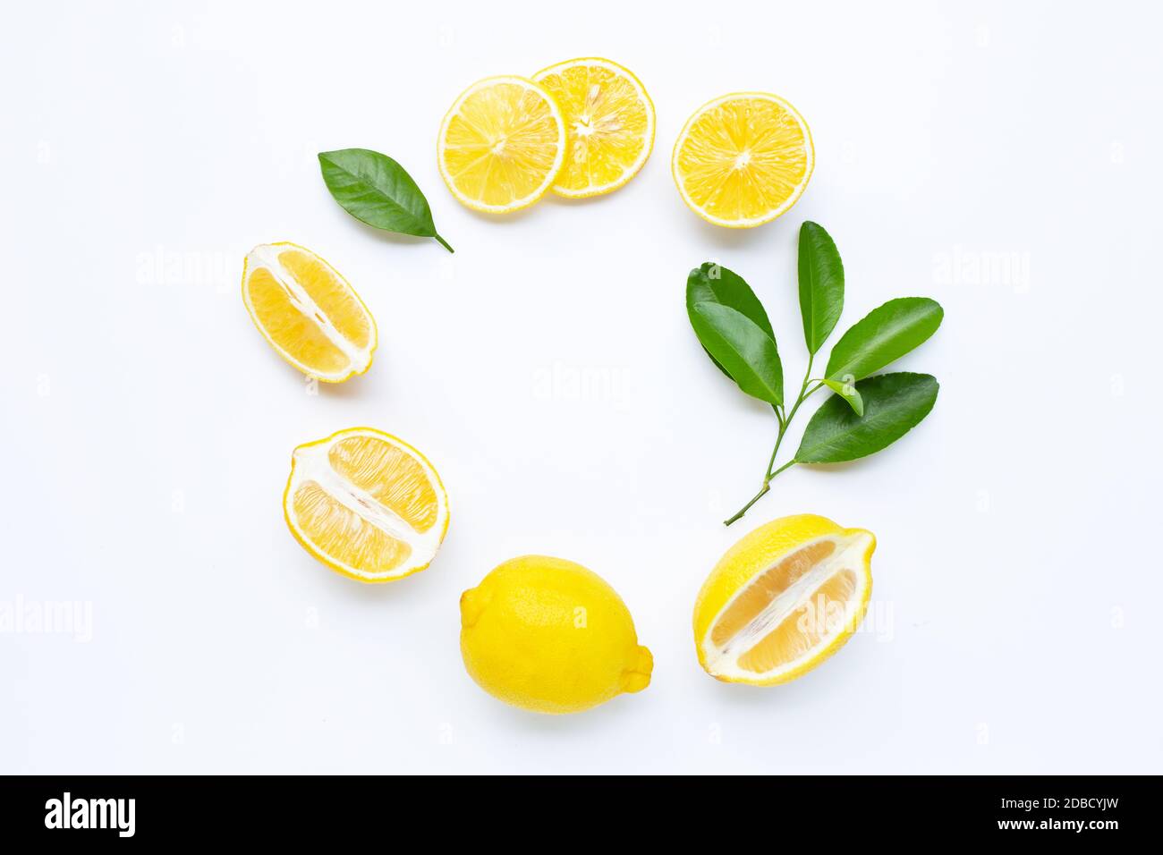 lemon and slices with leaves isolated on white background Stock Photo ...