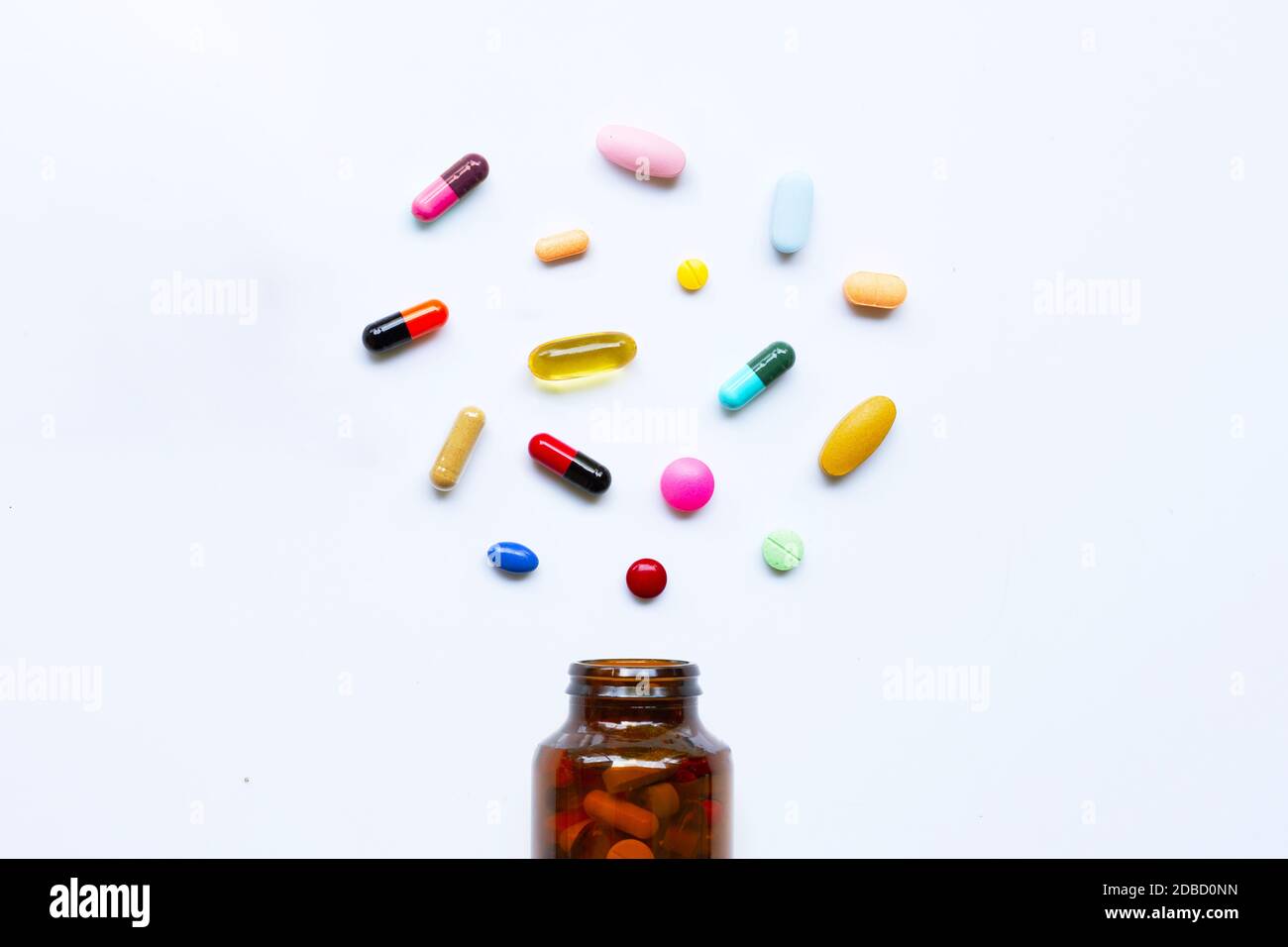 Colorful tablets with capsules and pills on white background Stock ...