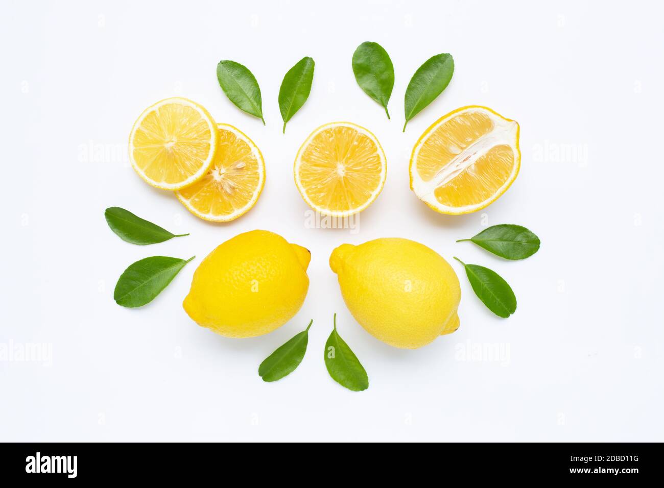 lemon and slices with leaves isolated on white background Stock Photo ...