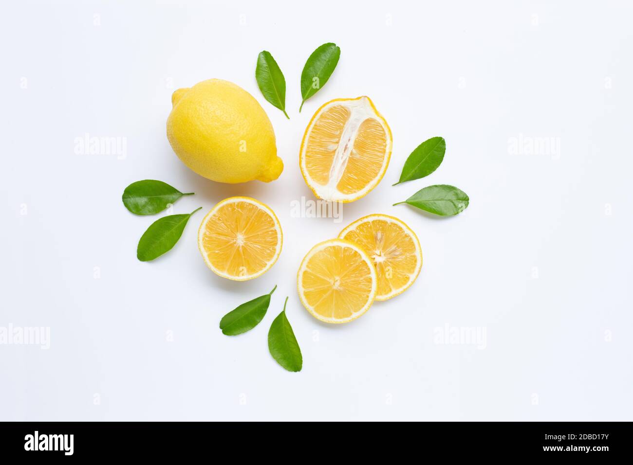 lemon and slices with leaves isolated on white background Stock Photo ...