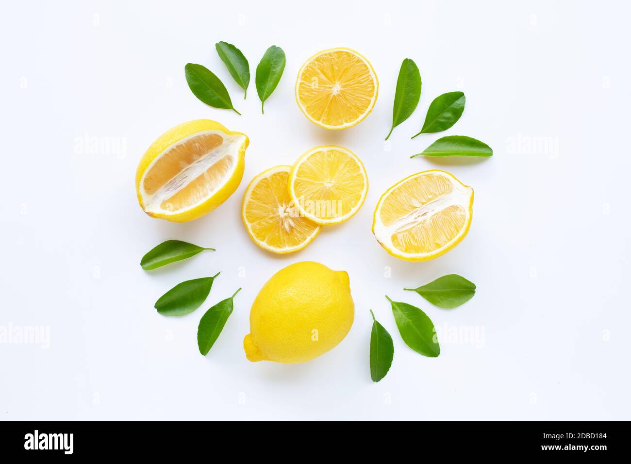lemon and slices with leaves isolated on white background Stock Photo ...