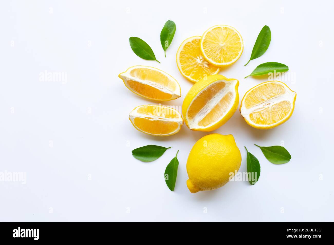lemon and slices with leaves isolated on white background Stock Photo ...