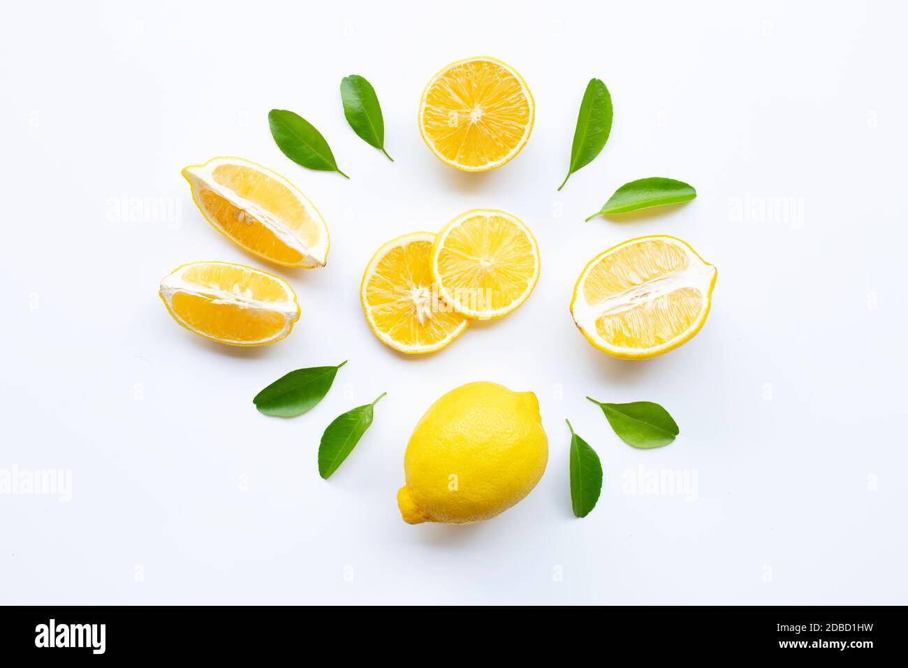 lemon and slices with leaves isolated on white background Stock Photo ...