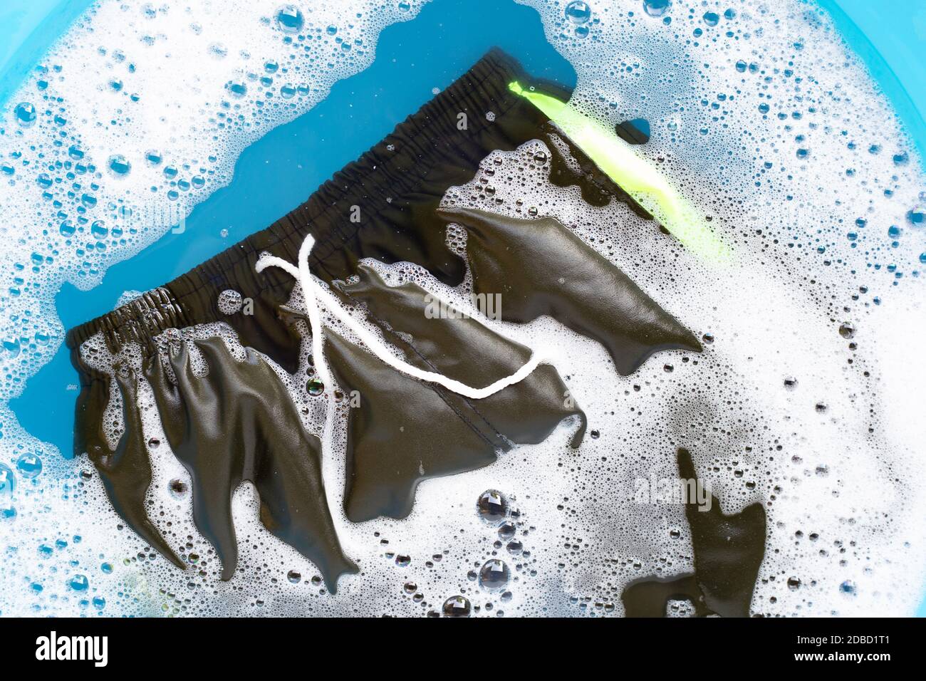 Male shorts soak in powder detergent water dissolution, washing cloth ...