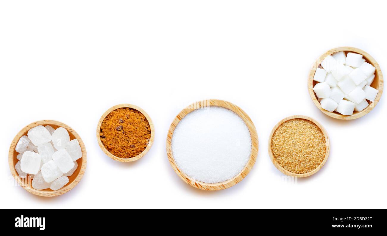 Various types of sugar on white background Stock Photo - Alamy