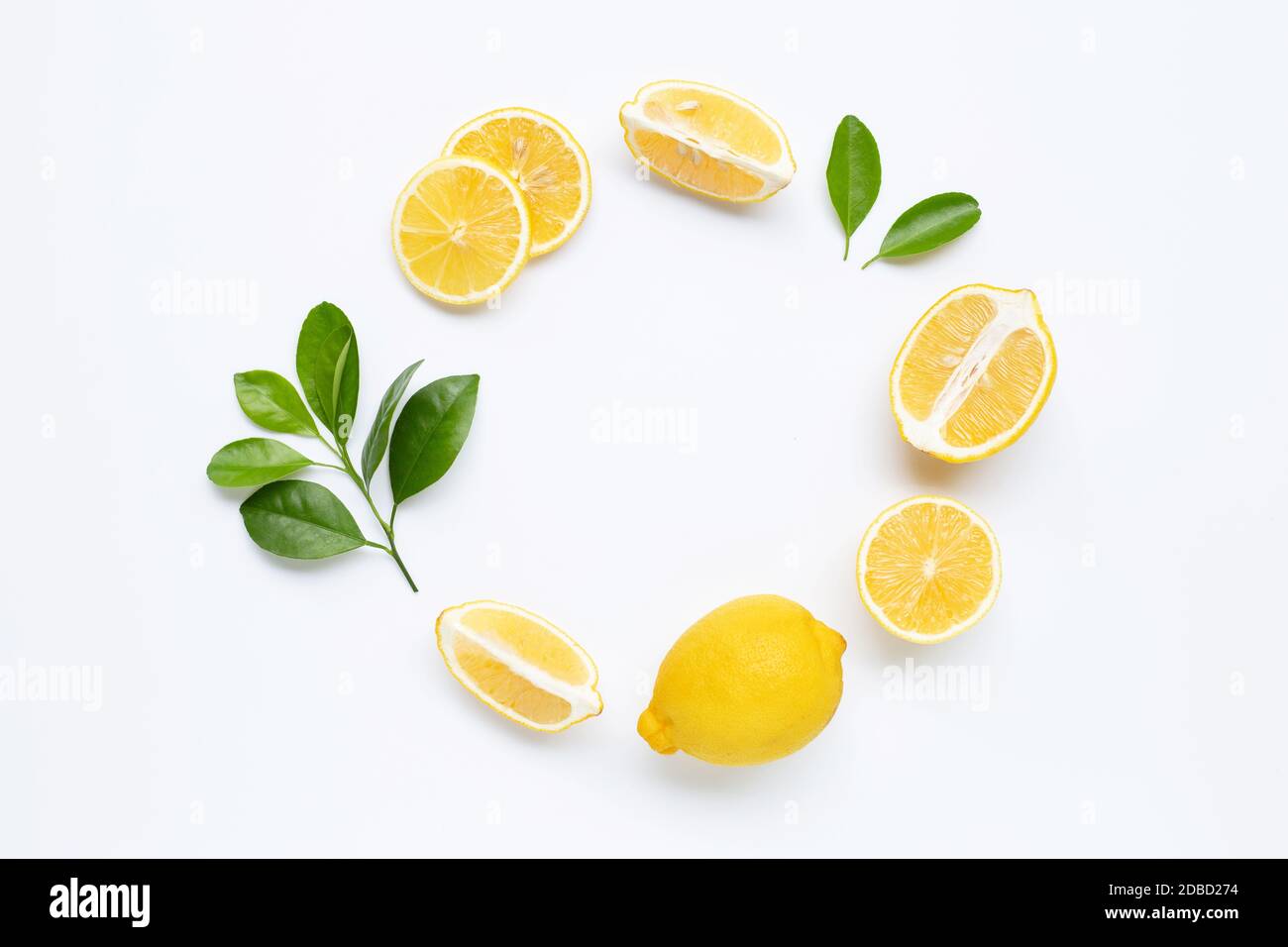 lemon and slices with leaves isolated on white background Stock Photo ...