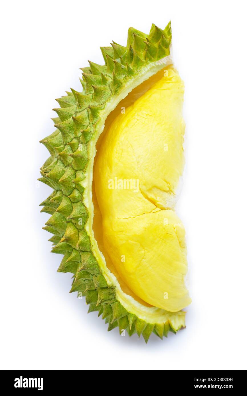Fresh ripe cut durian on white background Stock Photo - Alamy