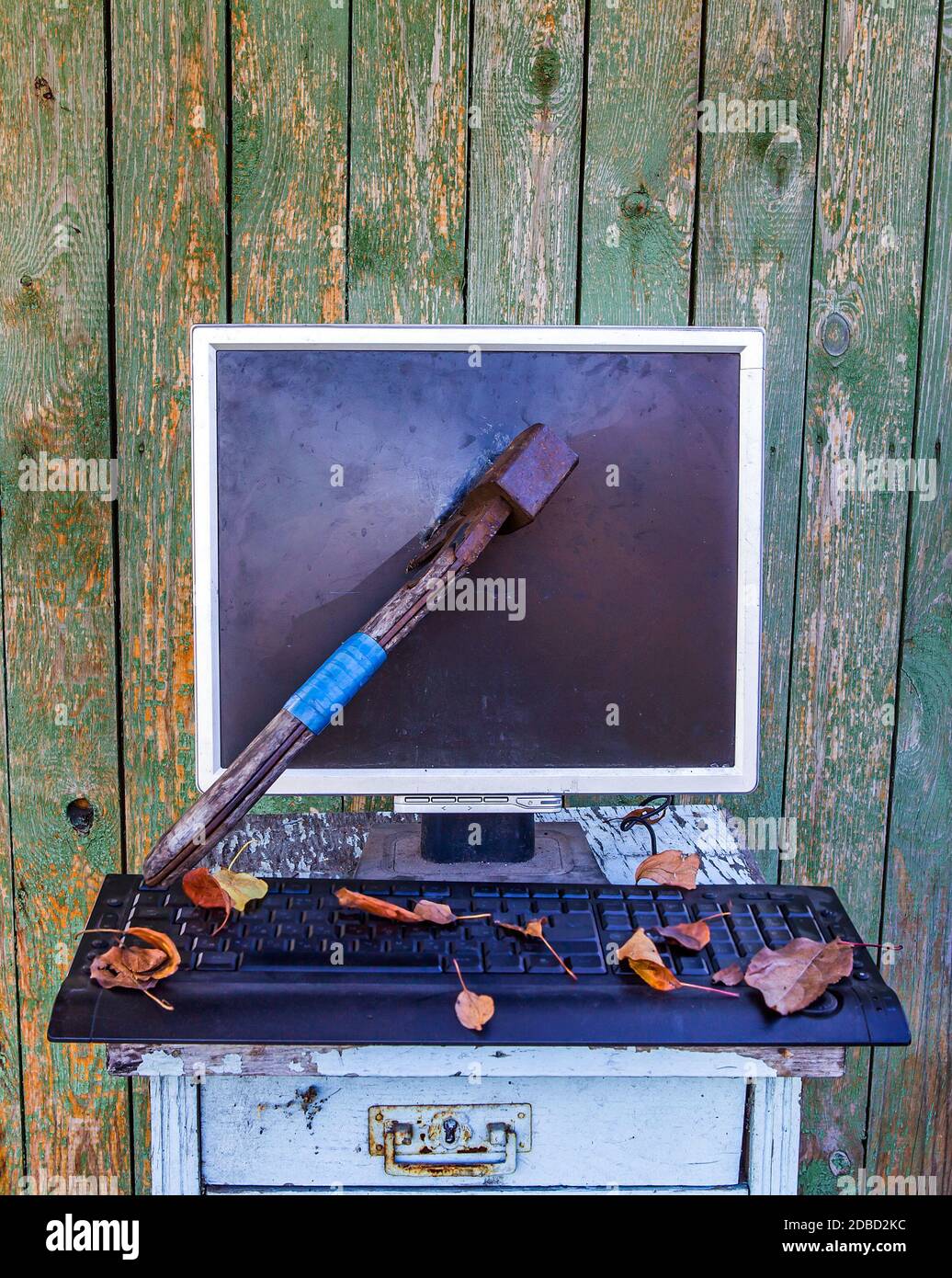 Axe to Smash a Computer Screen on the Old Planks Background Stock Photo ...