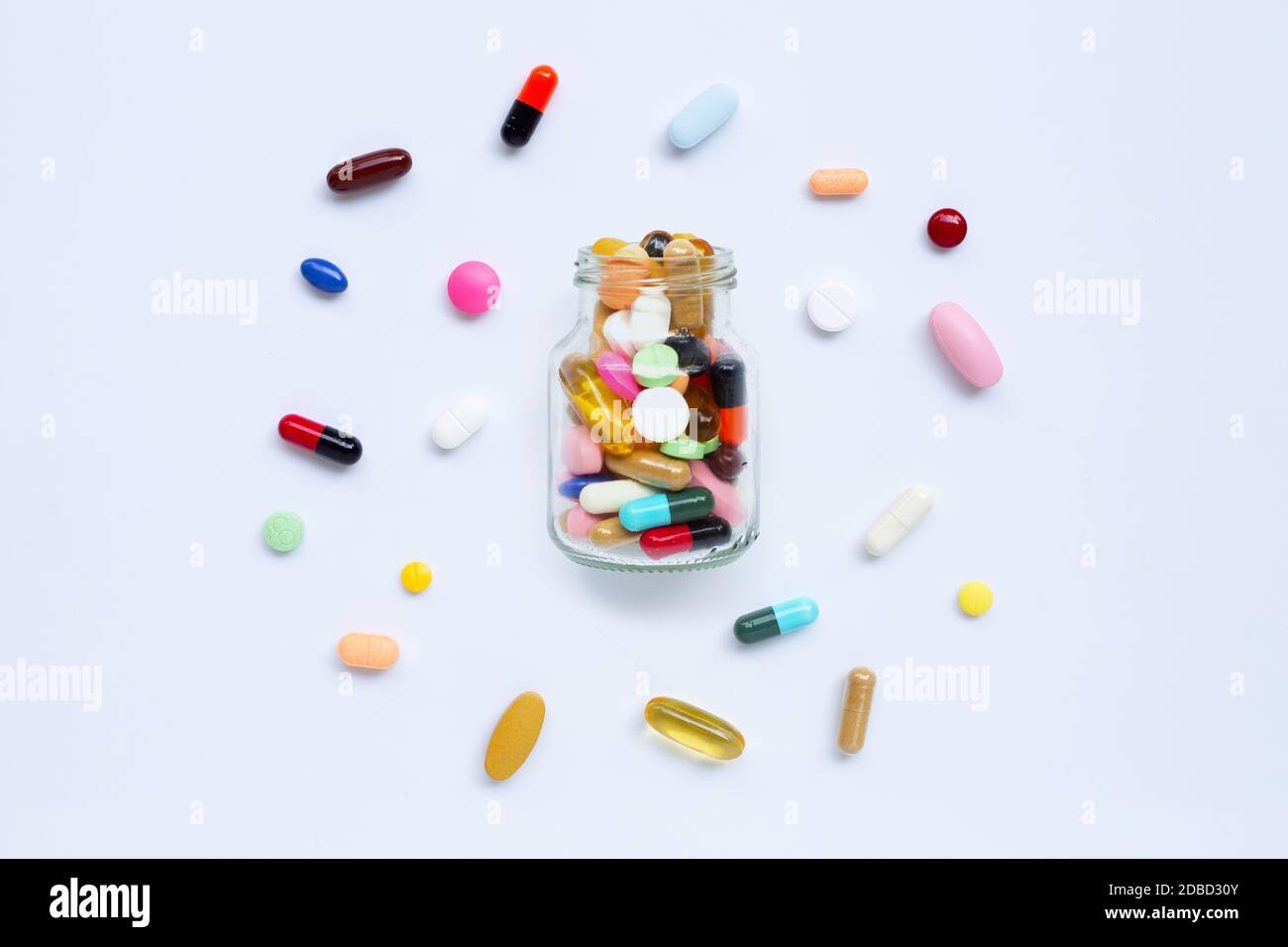 Colorful tablets with capsules and pills on white background Stock ...